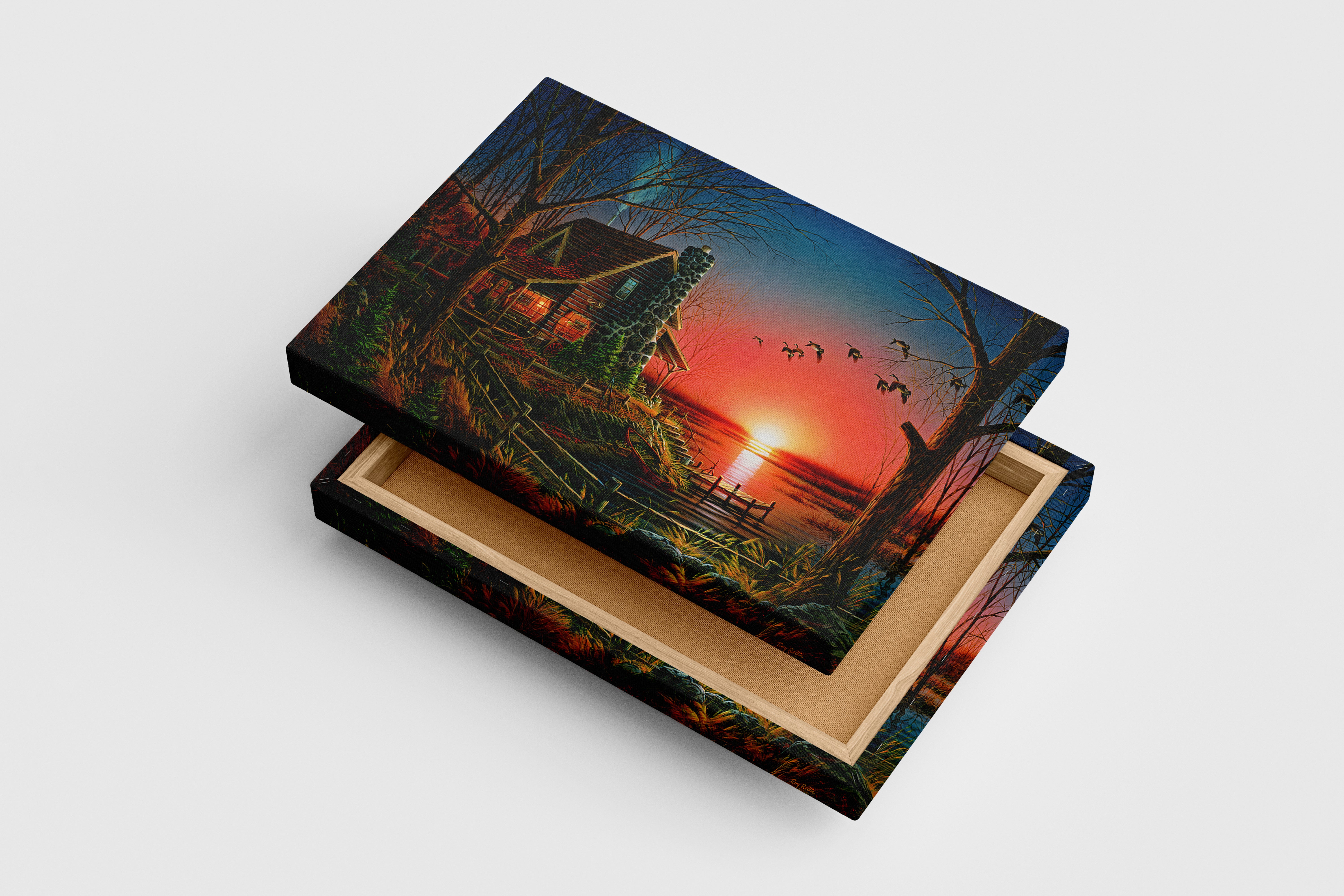 a cozy log cabin by a lake with geese flying across a red sunset, view ...