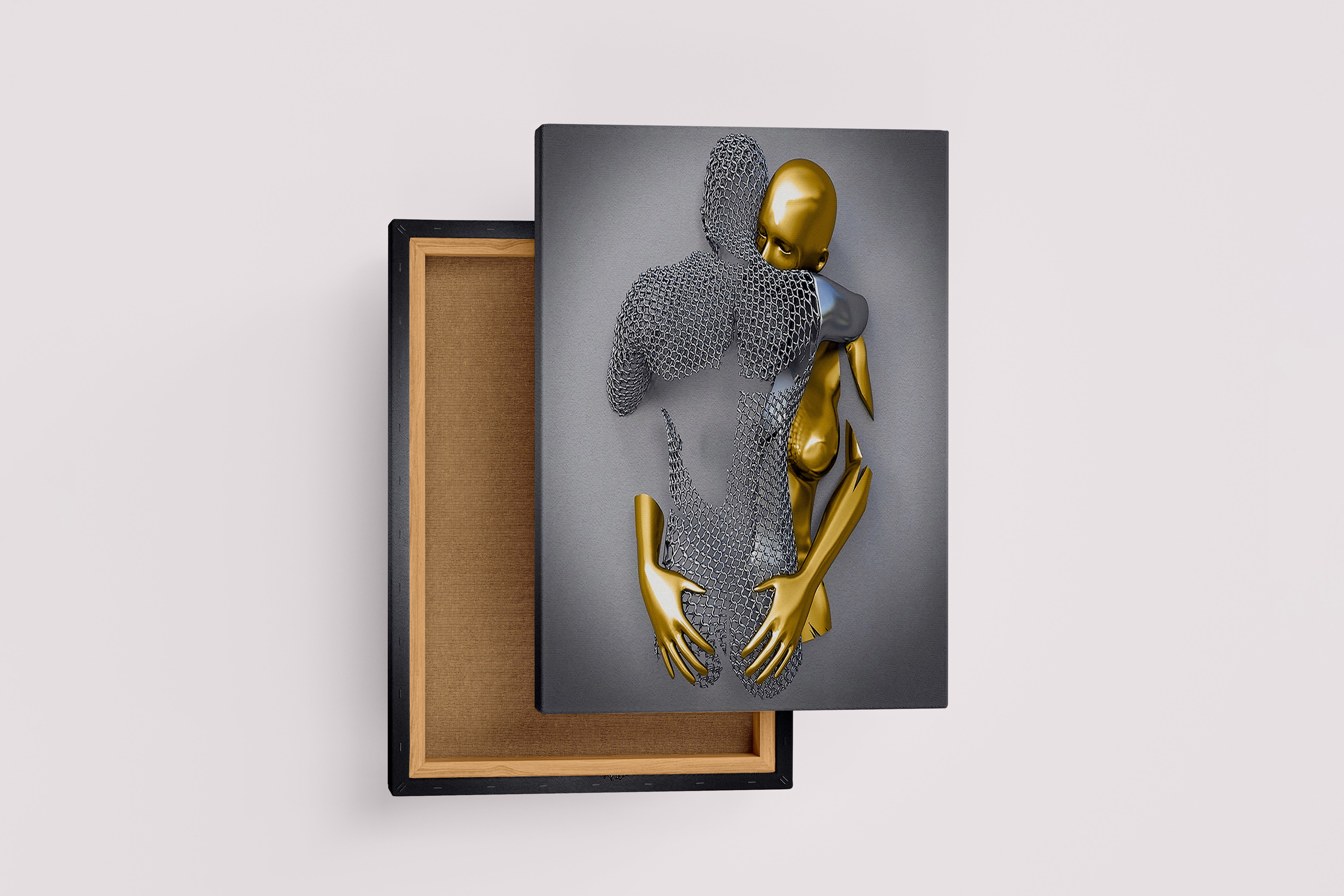 a silver mesh mother figure protectively embracing her small golden ch ...